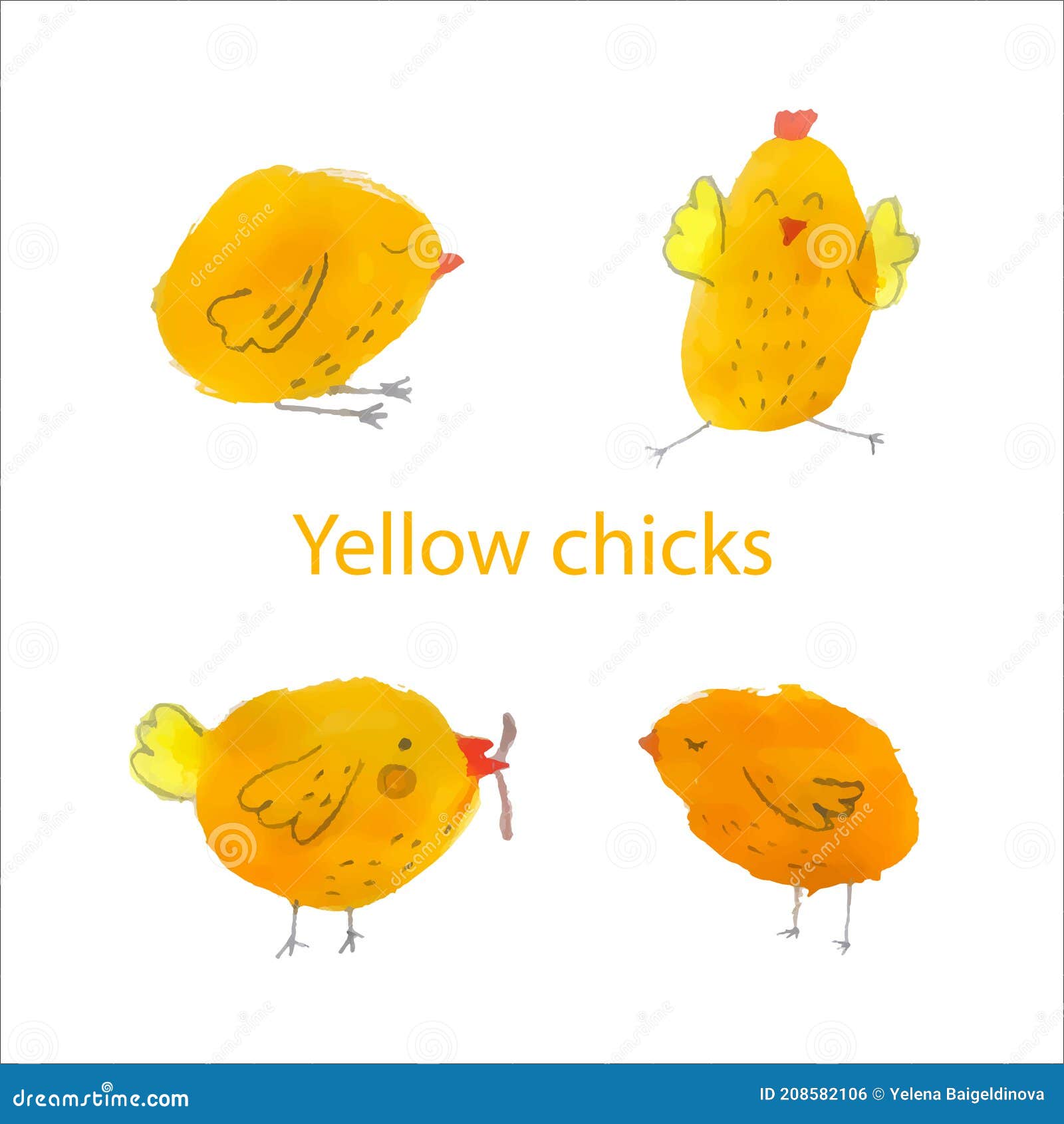 Set of Four Cute Yellow Watercolor Chickens Stock Vector - Illustration ...