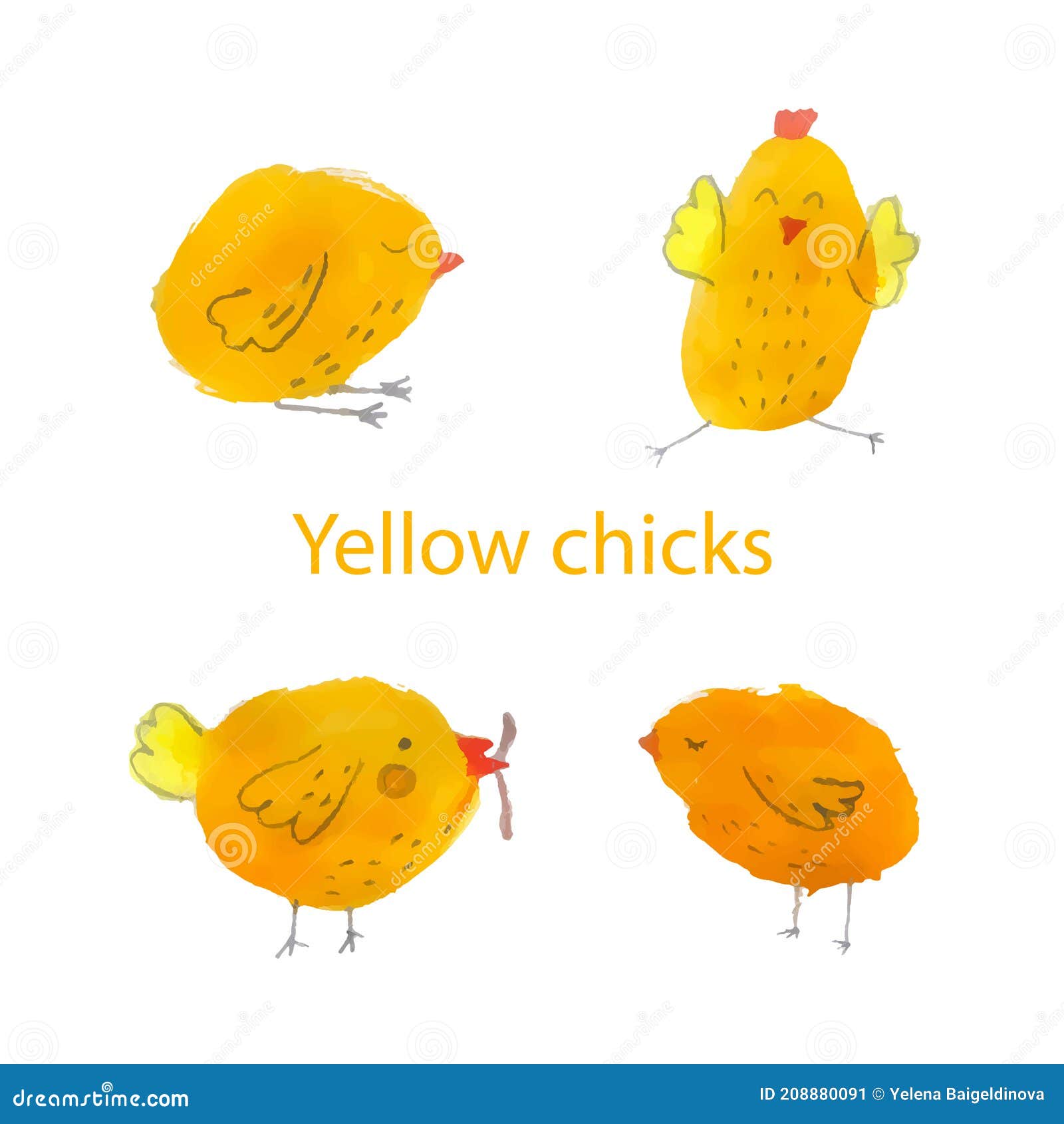 Set of Four Cute Yellow Watercolor Chickens Stock Illustration ...