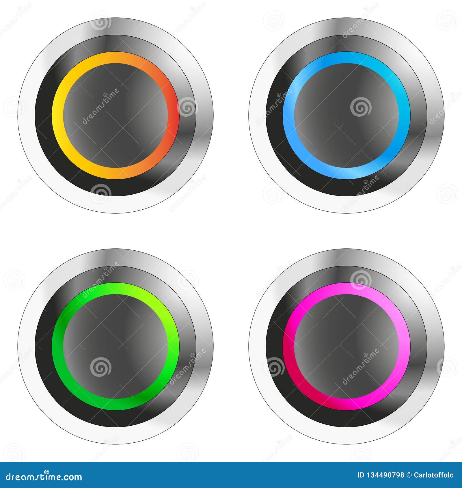 Set of Circular Metallic Push Buttons with Colored Light - Vector ...