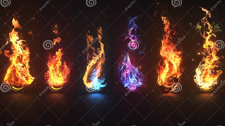 A Set of Four Different Colored Flames on a Black Background, Suitable ...