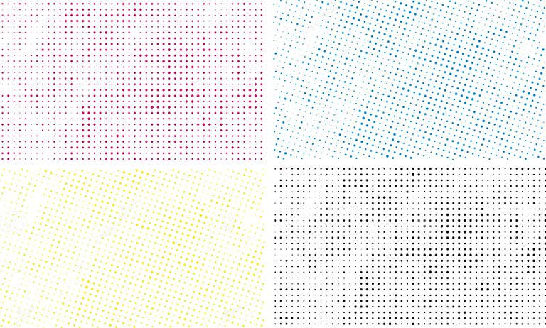Set of Four Different Colored Halftone Patterns of Cmyk Dot, Abstract ...