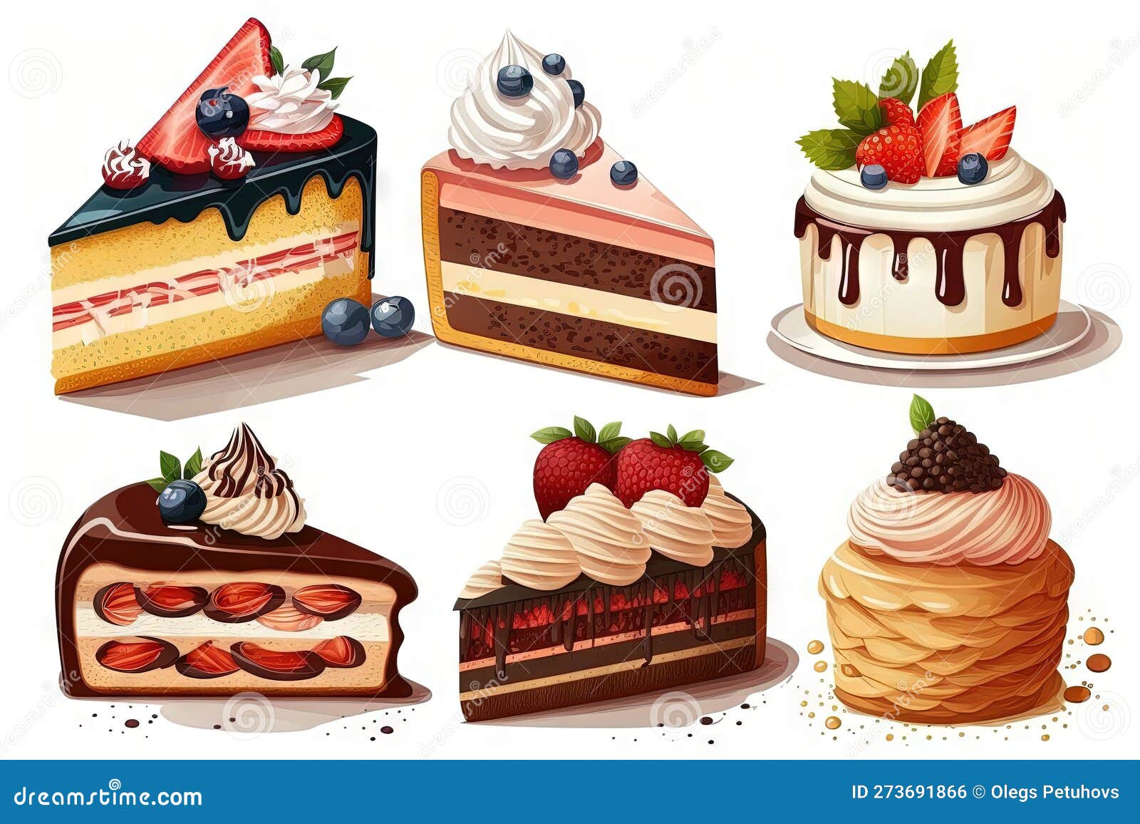 A Set of Four Different Types of Cakes on a White Background, Each with ...