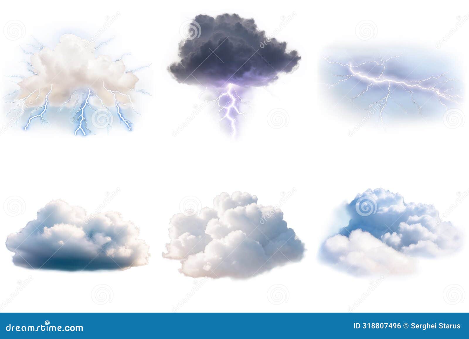 A Set Of Four Different Types Of Clouds And Lightning, PNG With ...