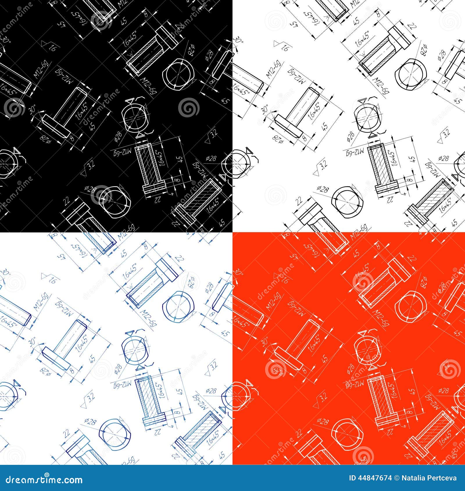 Set of Four Engineering Seamless Pattern. Drawing the Bolt Stock Vector ...