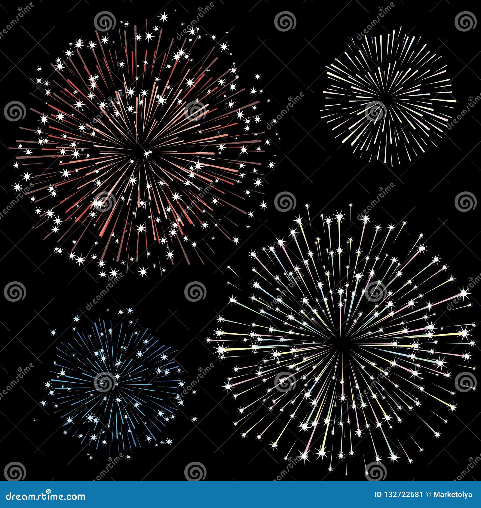 Set of Four Fireworks Different Colors Stock Vector - Illustration of ...