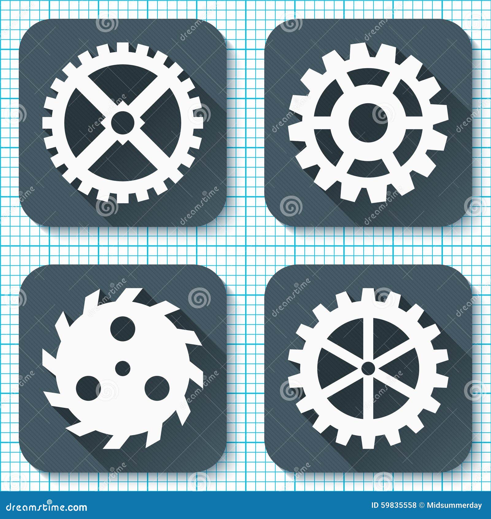 Set Of Four Flat Gear Icons With Long Shadows On A Graph Paper ...