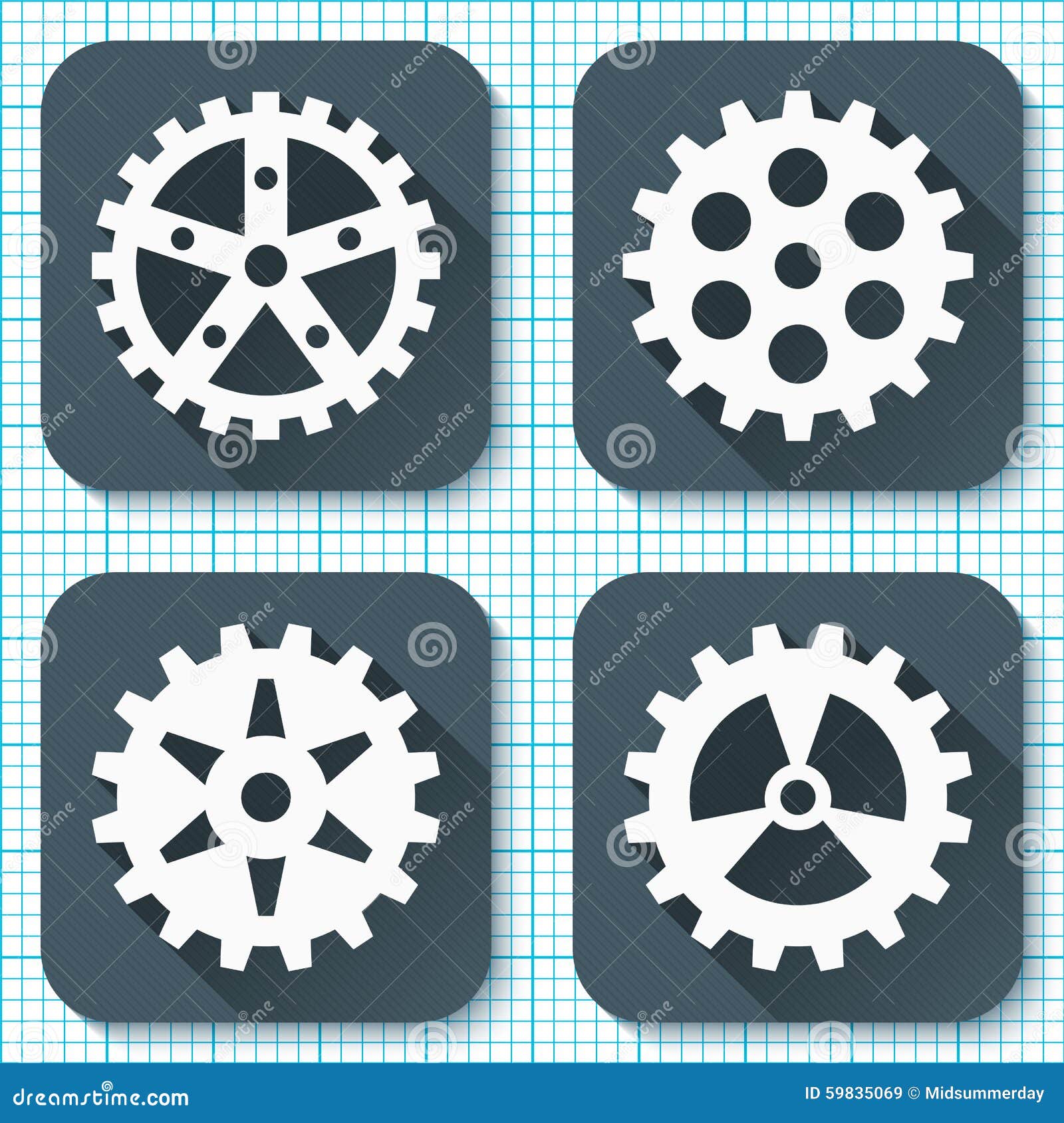 Set Of Four Flat Gear Icons With Long Shadows On A Graph Paper ...