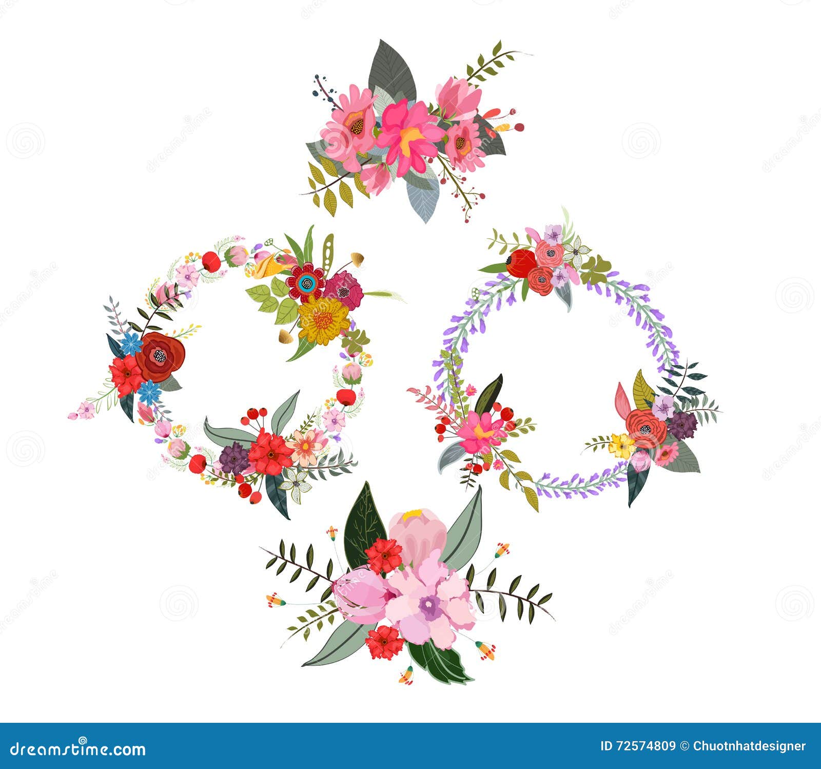 Set of Four Flower Wreaths. Stock Illustration - Illustration of green ...