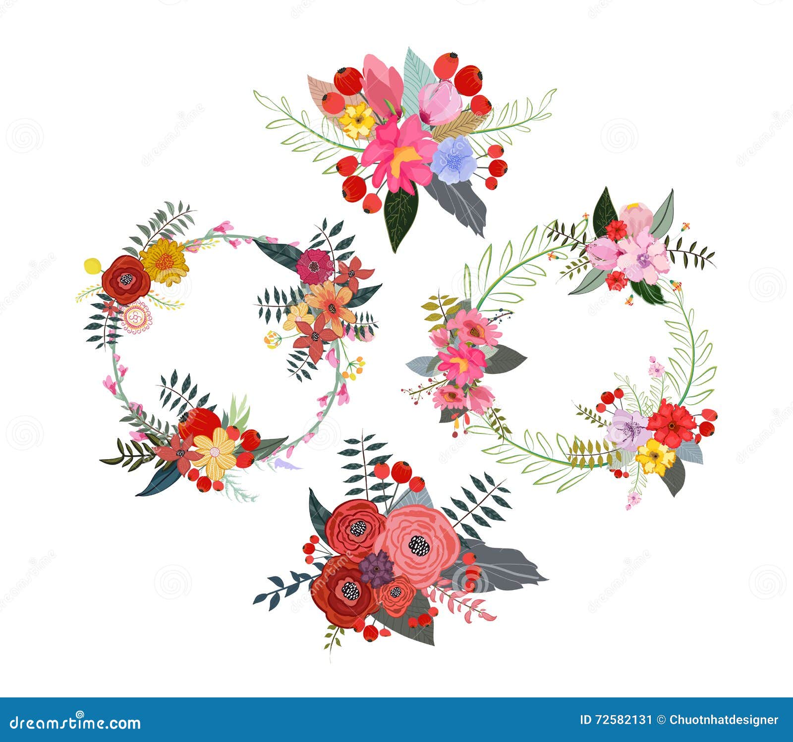 Set of four flower wreaths stock vector. Illustration of blue - 72582131