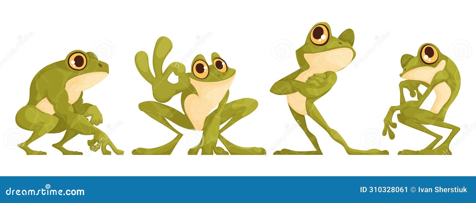 Set of Four Funny Toads in Different Poses. Green Toad of Interesting ...