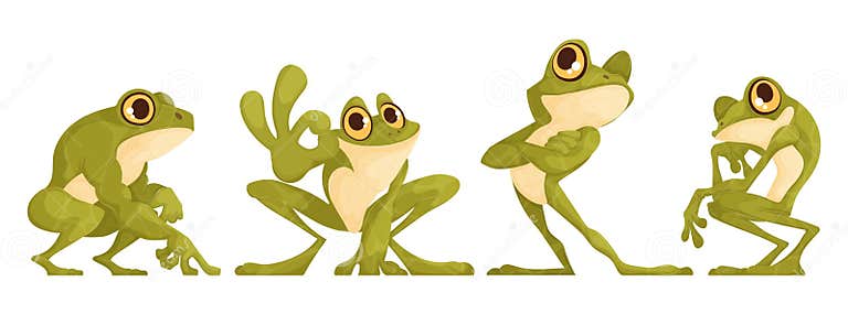 Set of Four Funny Toads in Different Poses. Green Toad of Interesting ...