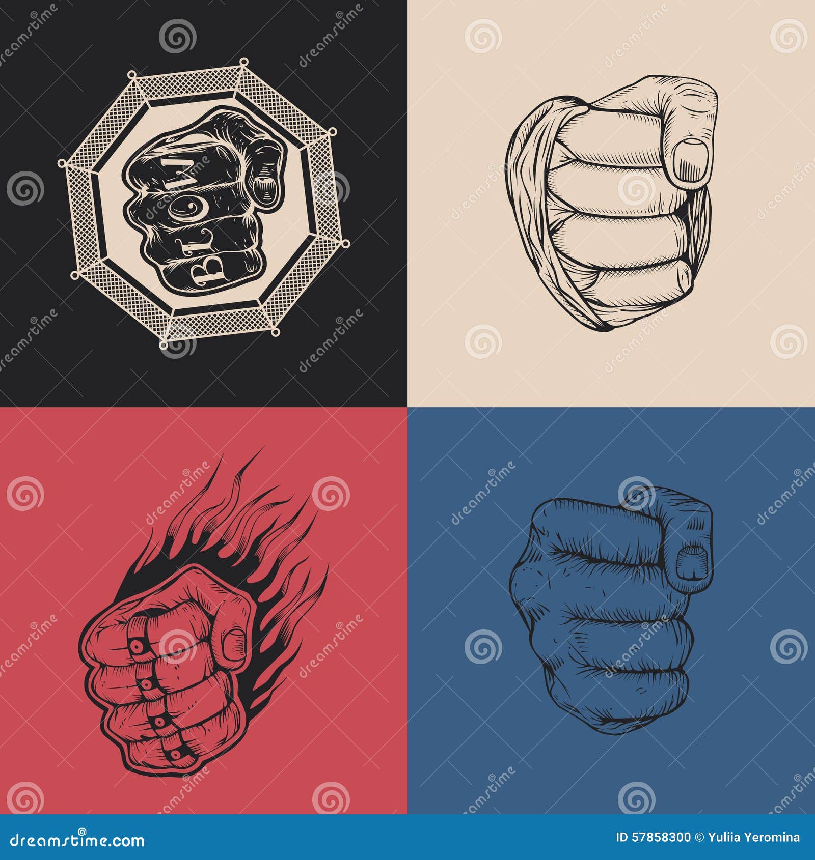 The Set of Four Images with Fists Stock Vector - Illustration of kick ...