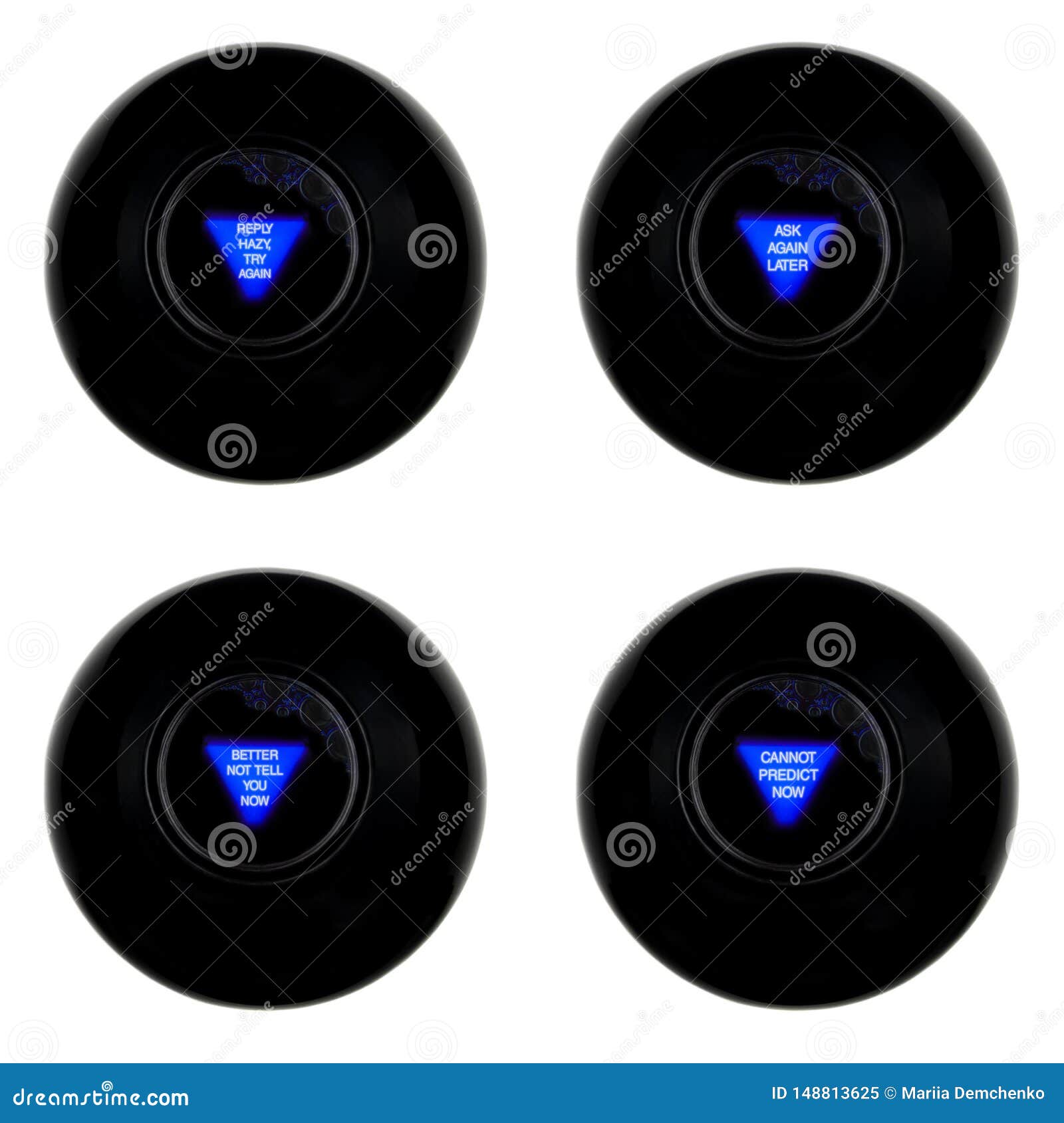 Set of Four Magic 8 Balls with Neutral Predictions Isolated on White ...