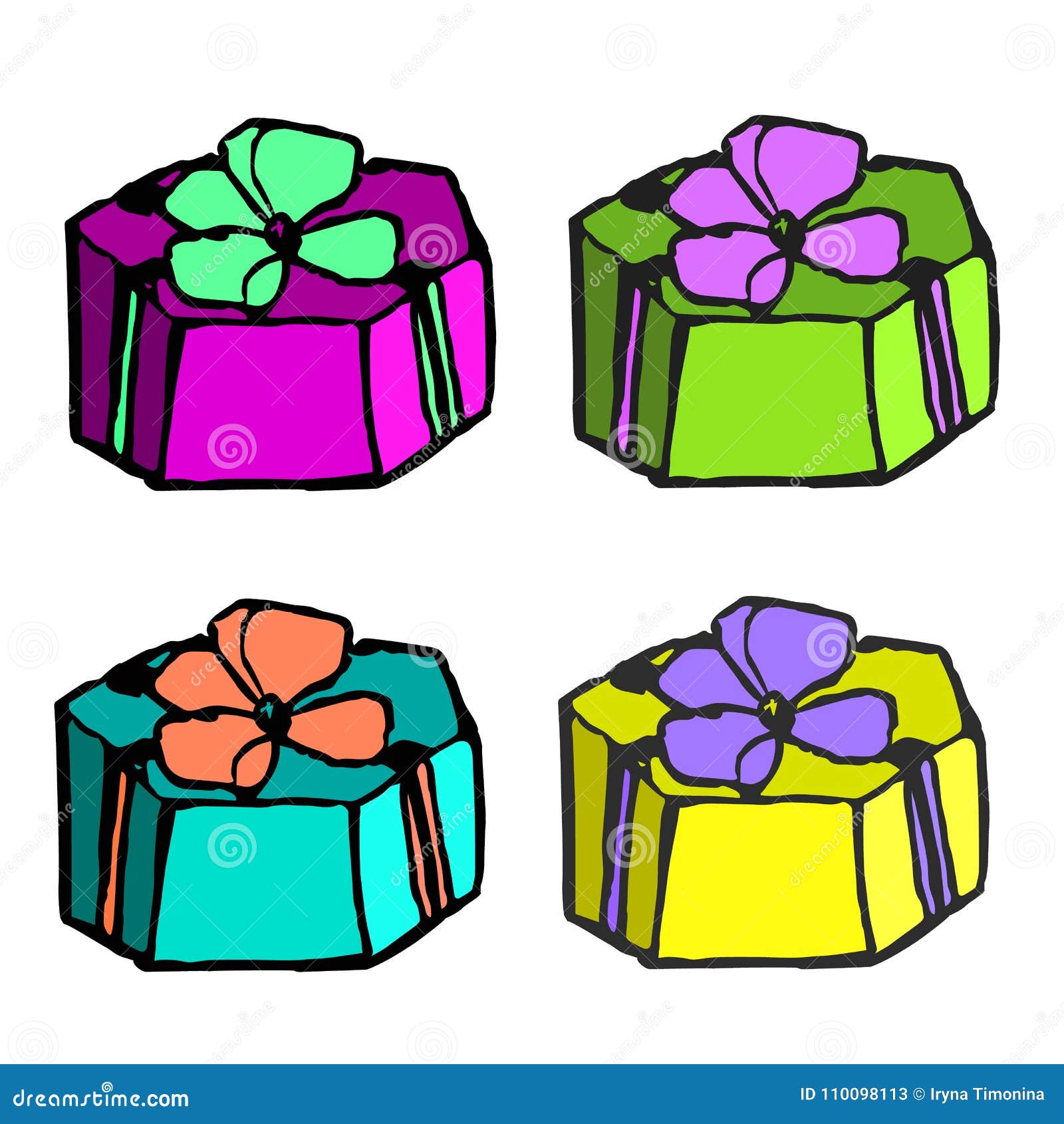 A Set of Four Multi-colored Gift Boxes with Bows. Hand Draw. Doodle ...