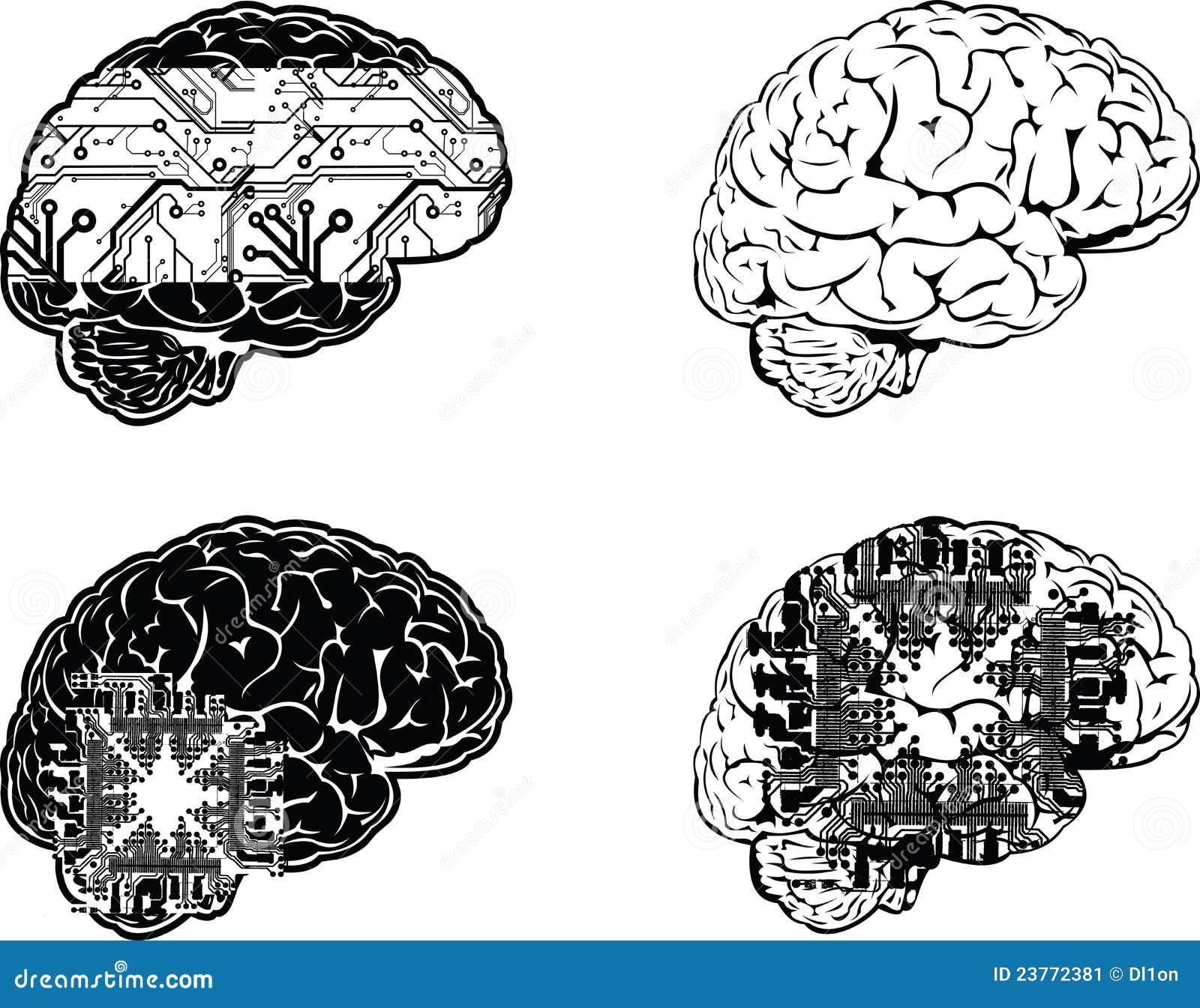 Set of Four One Color Electronic Brain Stock Vector - Illustration of ...