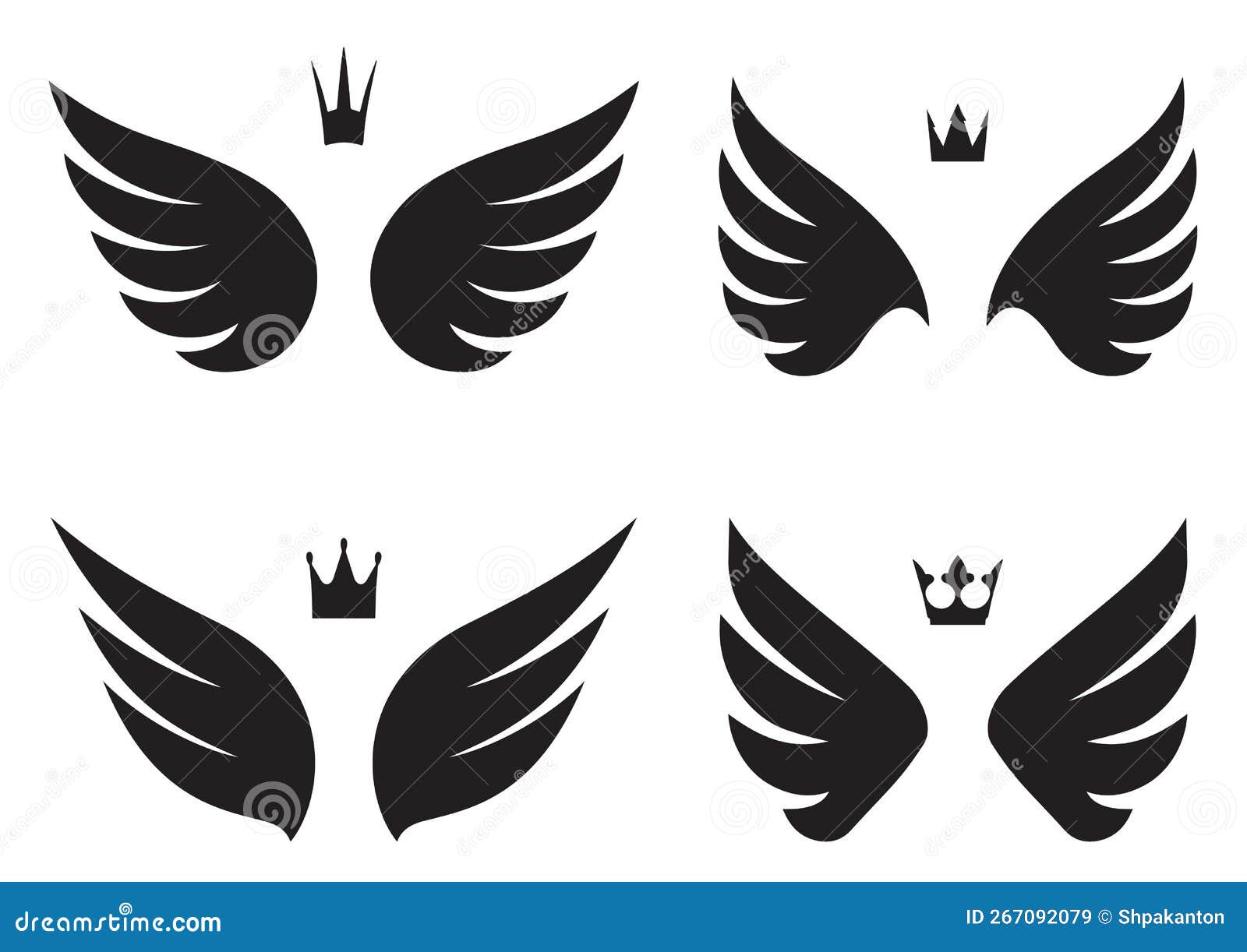 Set of Four Pairs of Wings with Crowns Stock Vector - Illustration of ...