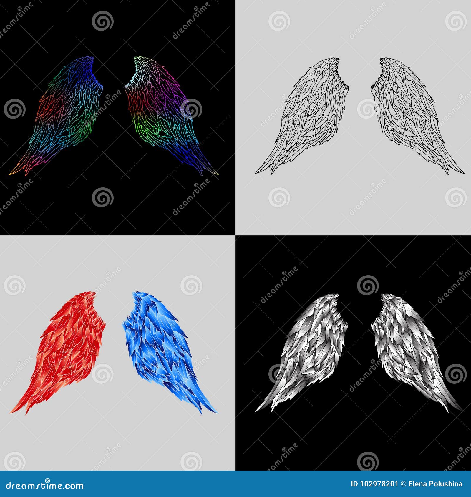 Set of Four Pairs of Wings with Crowns. Vector Illustration Stock ...