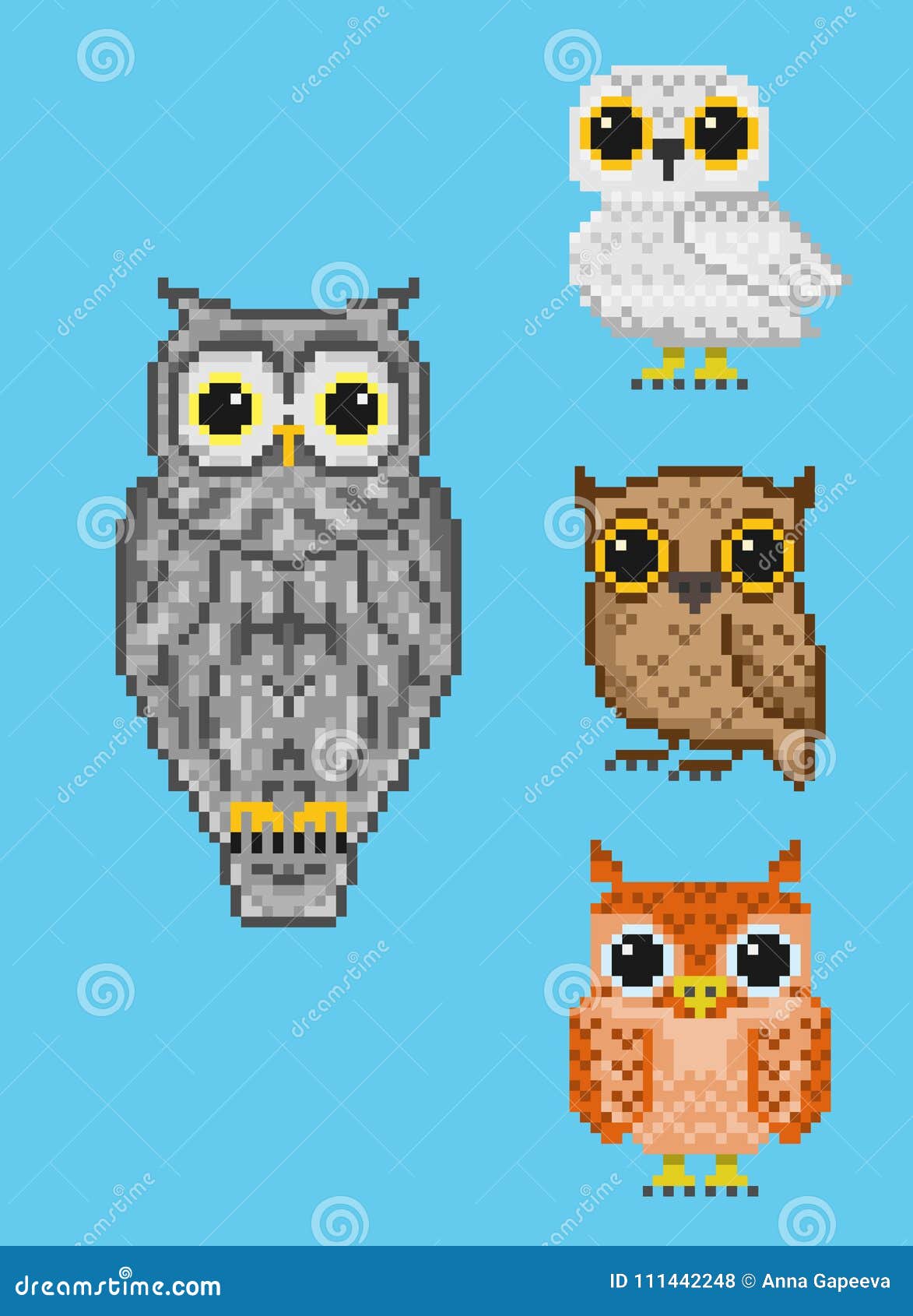 A set of four pixel owls. stock vector. Illustration of cartoon - 111442248