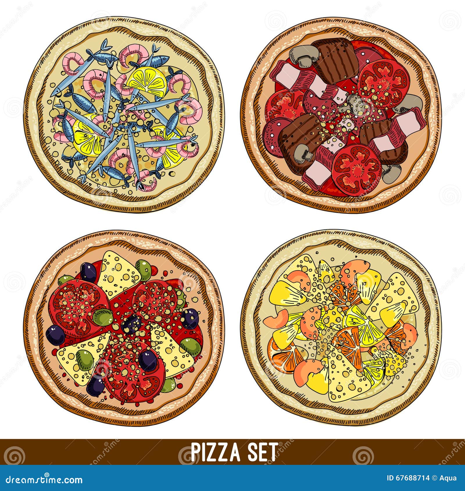Set of four pizzas stock vector. Illustration of dill - 67688714