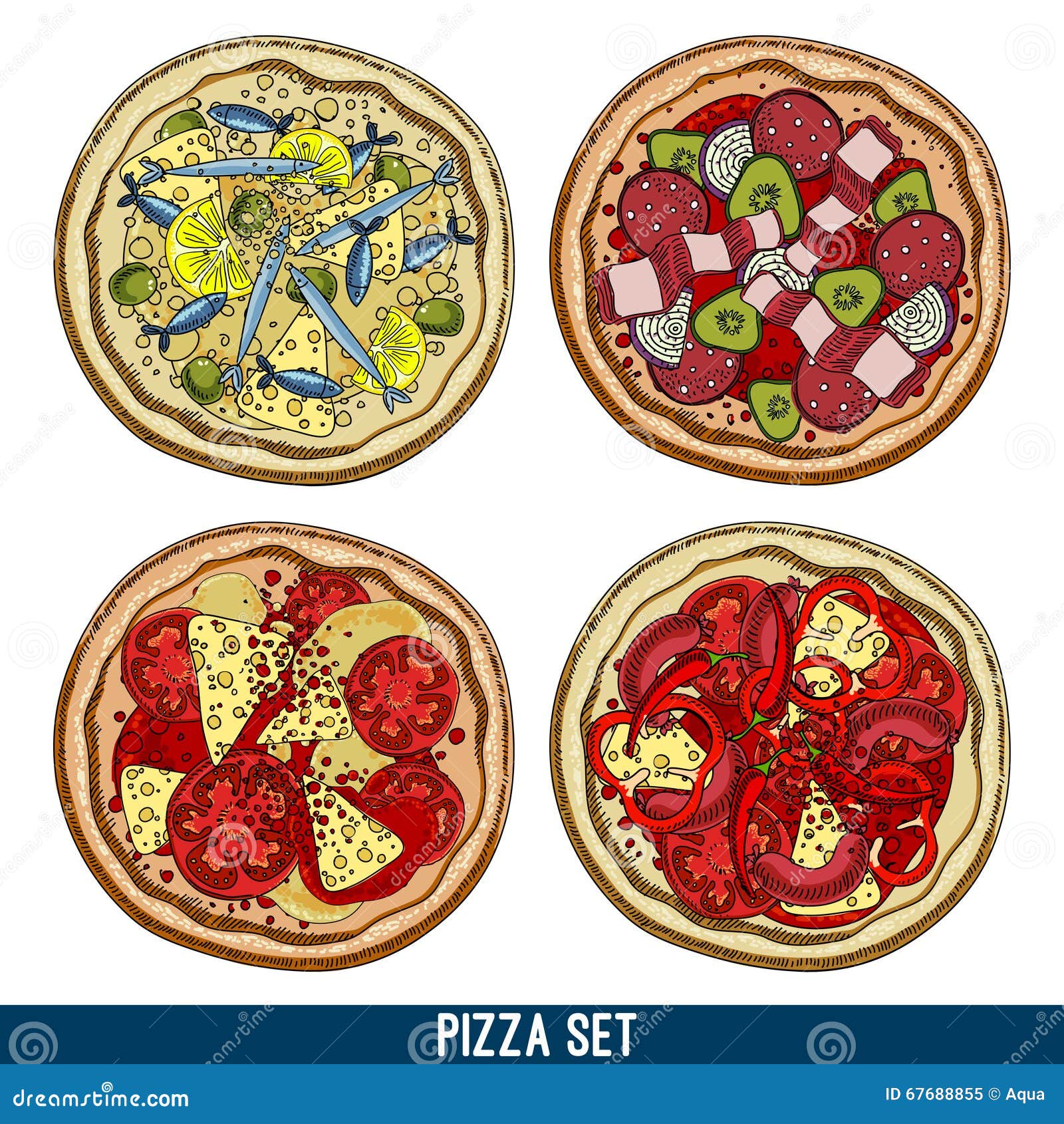 Set of four pizzas stock vector. Illustration of garlic - 67688855