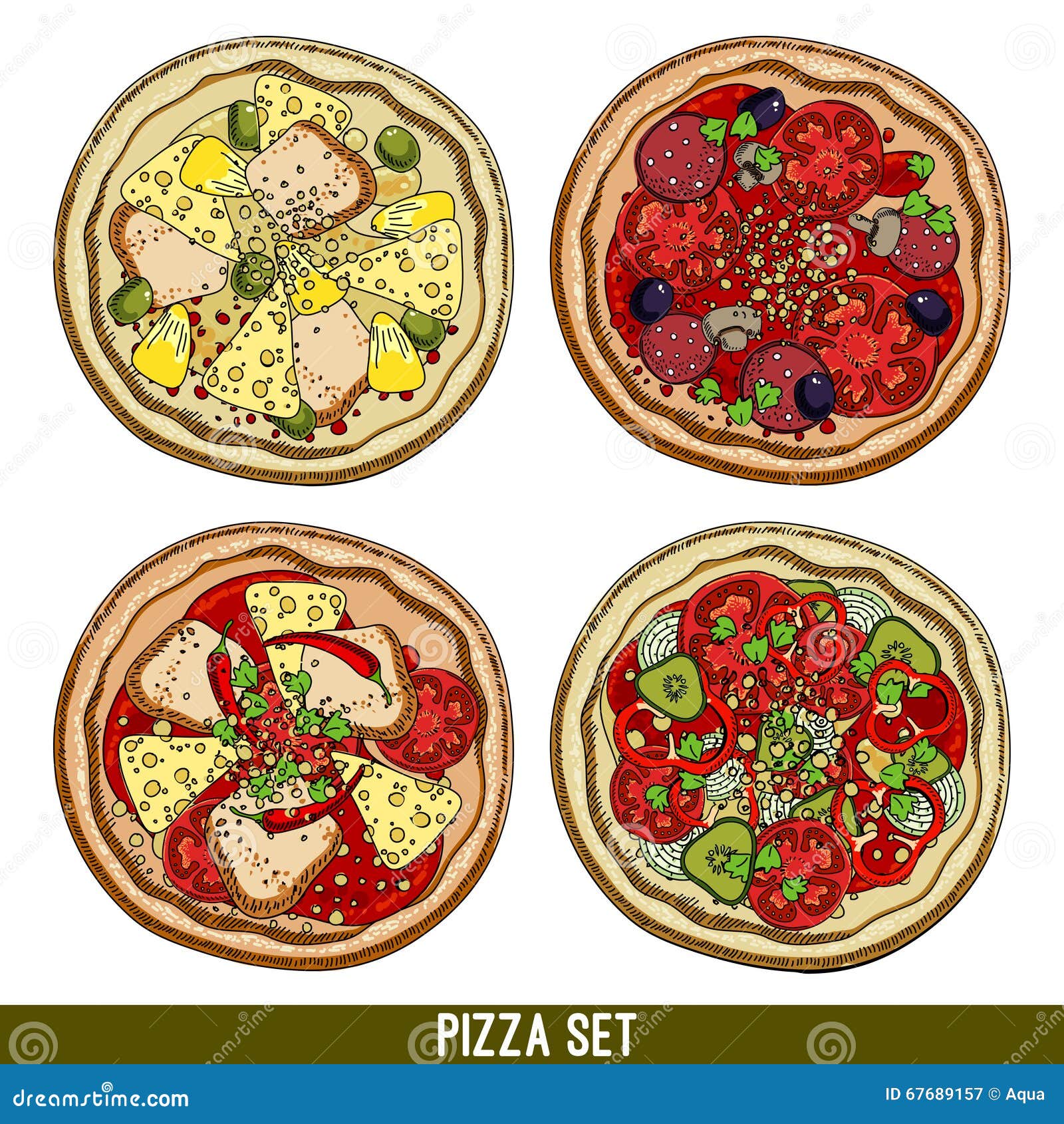 Set of four pizzas stock vector. Illustration of garlic - 67689157