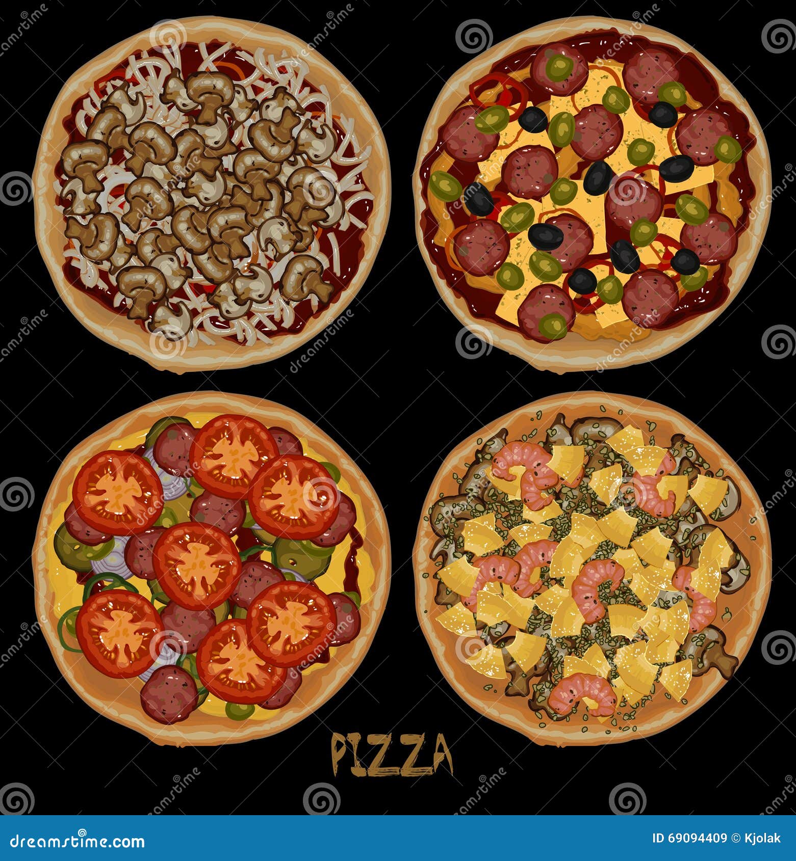 Set of four pizzas stock vector. Illustration of restaurant - 69094409
