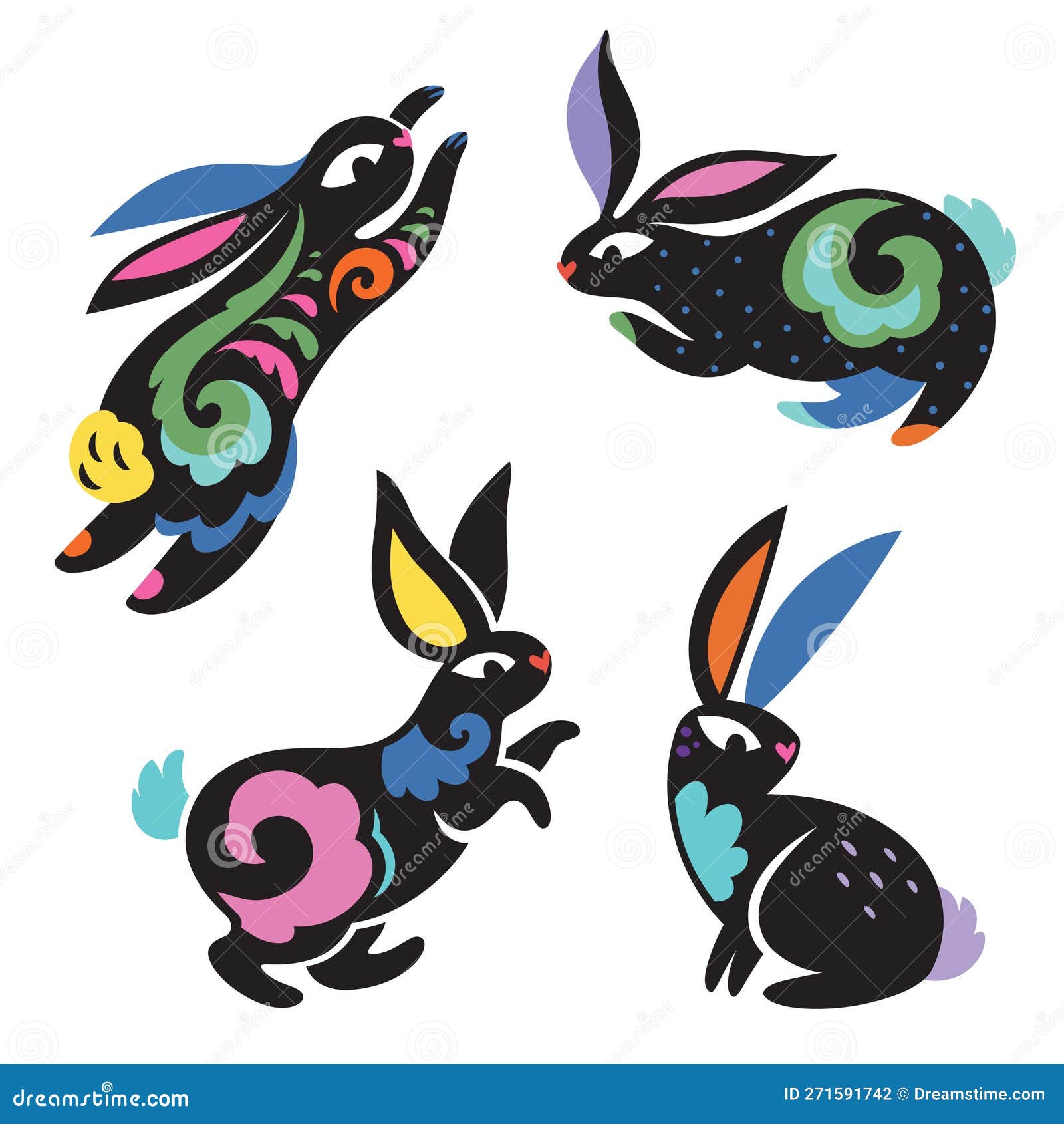 Set of Four Rabbits Logo with Folk Ornaments Inside Stock Vector ...