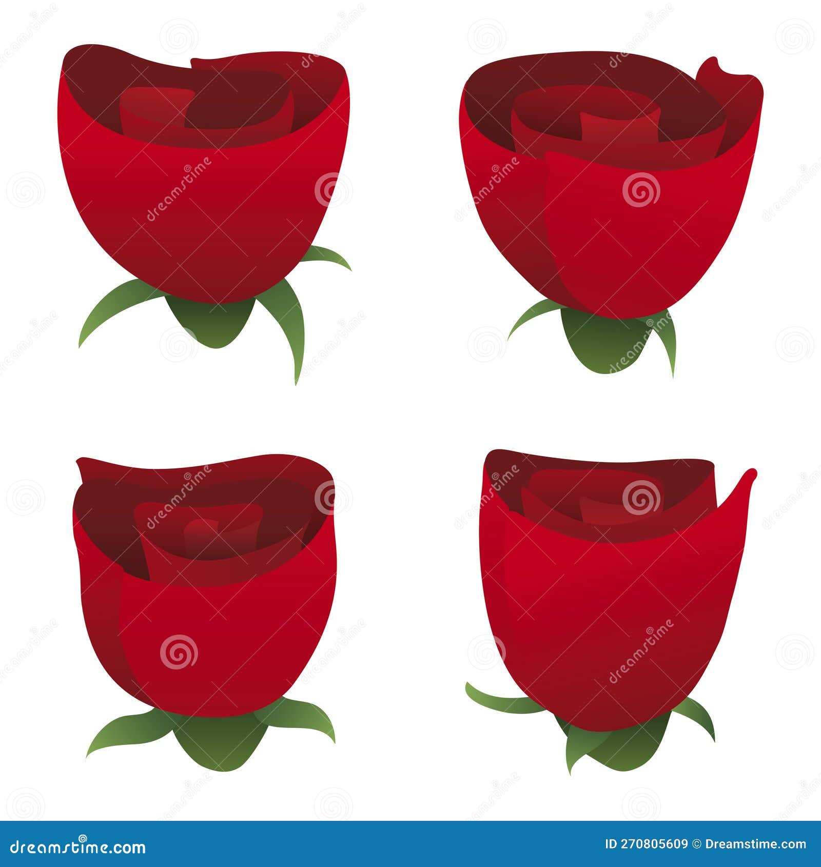Set with Four Red Roses in Gradient Effect Over White Background ...