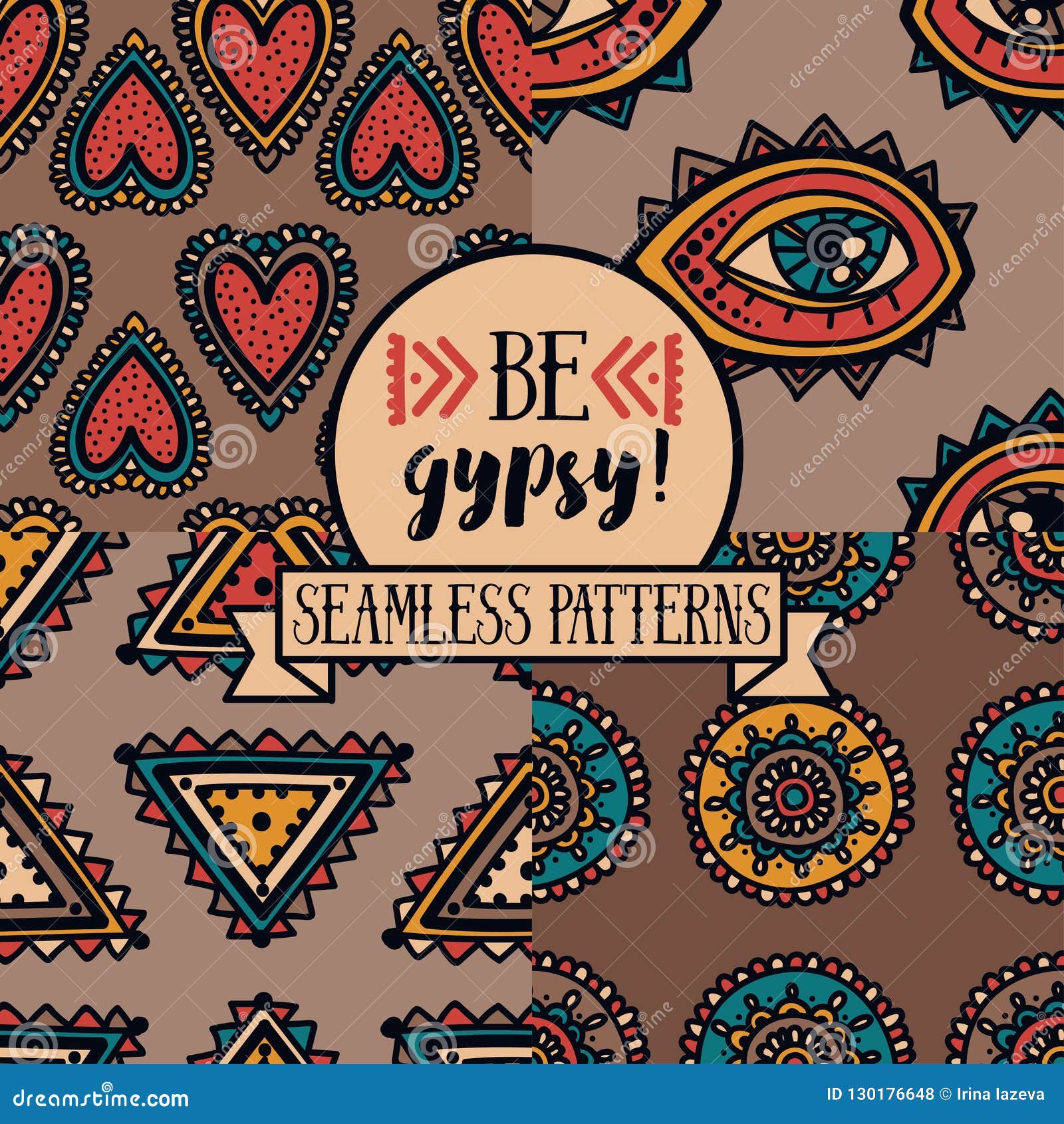 Set of Four Seamless Patterns with Ethnic or Psychedelic Symbols Stock ...