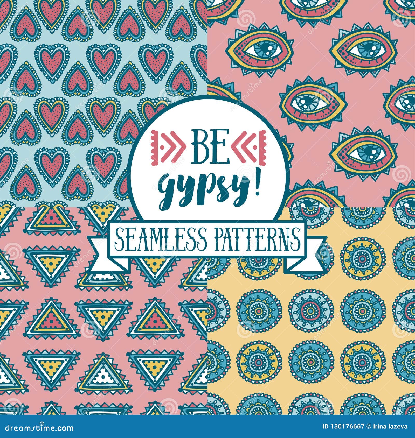 Set of Four Seamless Patterns with Ethnic or Psychedelic Symbols Stock ...