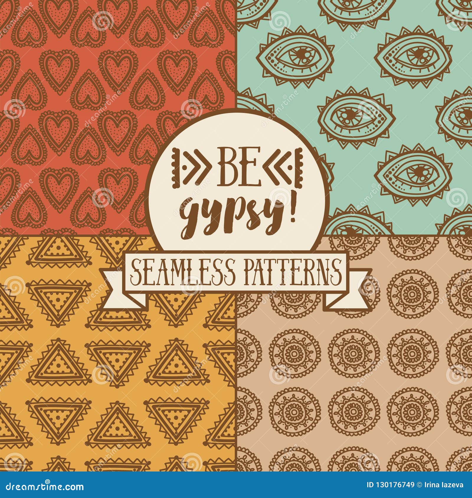 Set of Four Seamless Patterns with Ethnic or Psychedelic Symbols Stock ...