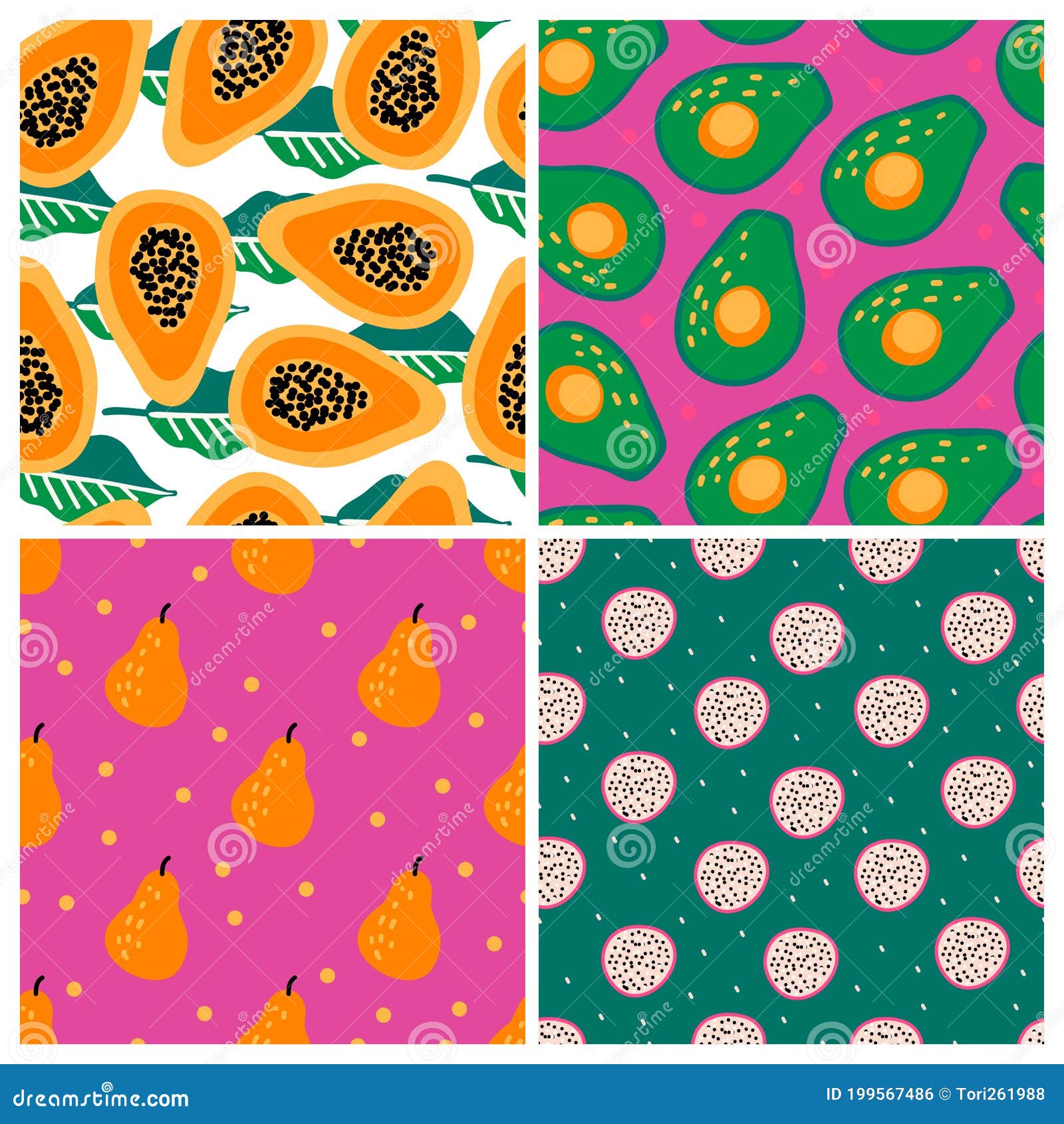 Set of Four Seamless Repeat Patterns with Hand Drawn Fruits and Berries ...