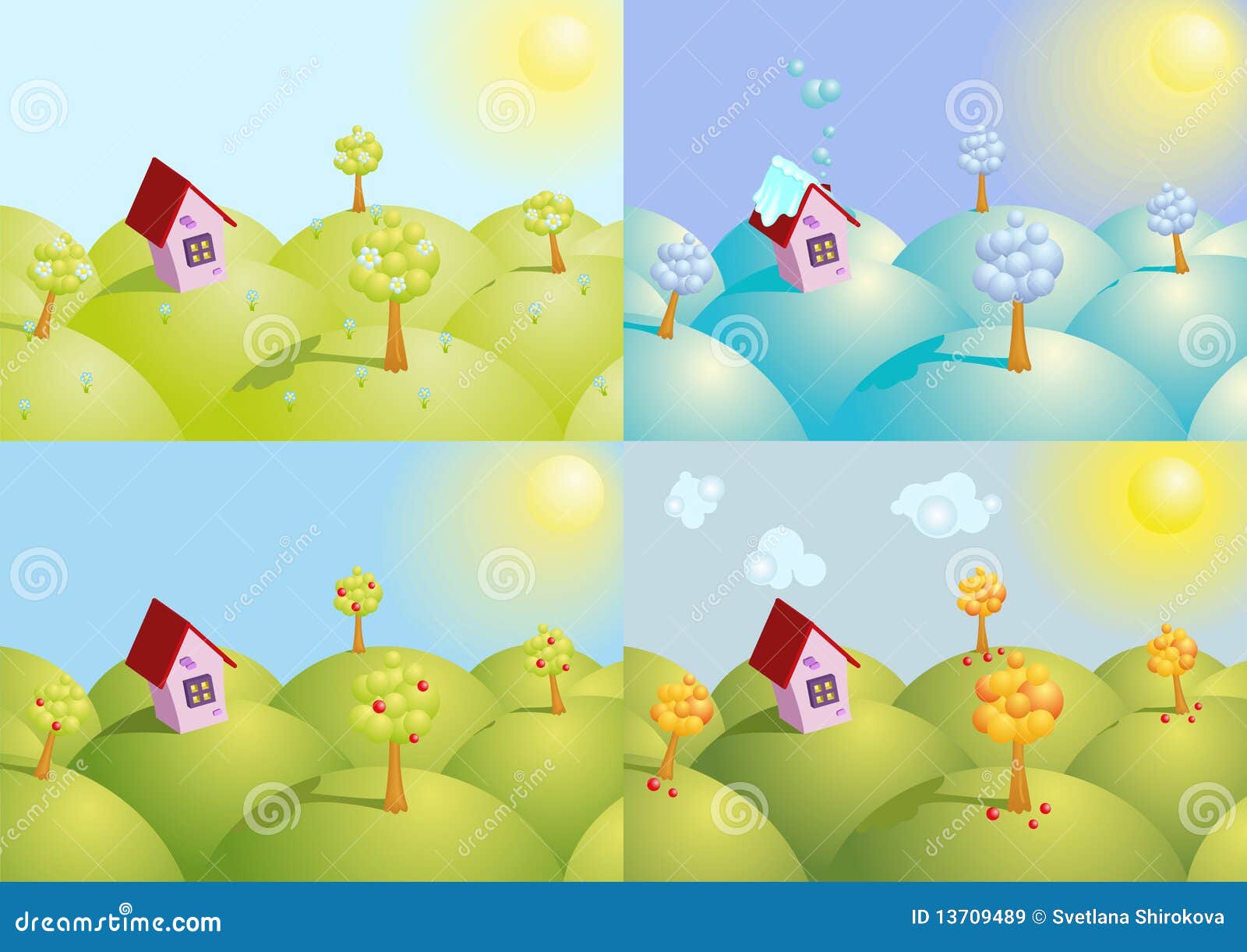 Set of Four Seasons Background Stock Vector - Illustration of rural ...