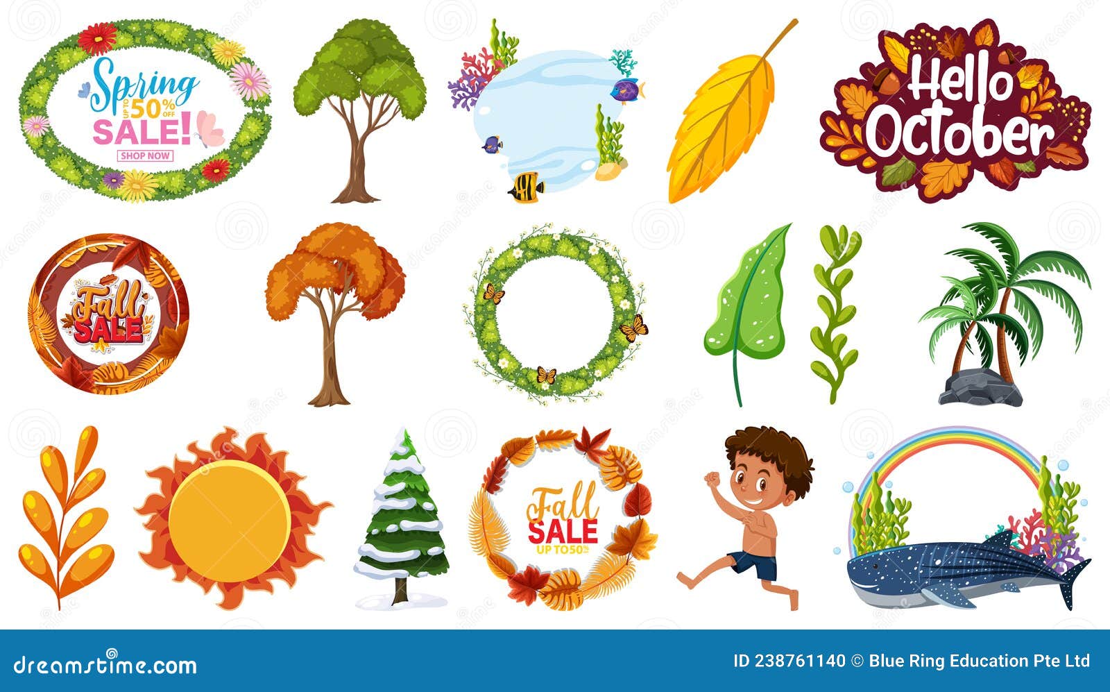 Set of Four Seasons Trees and Nature Objects Stock Vector ...