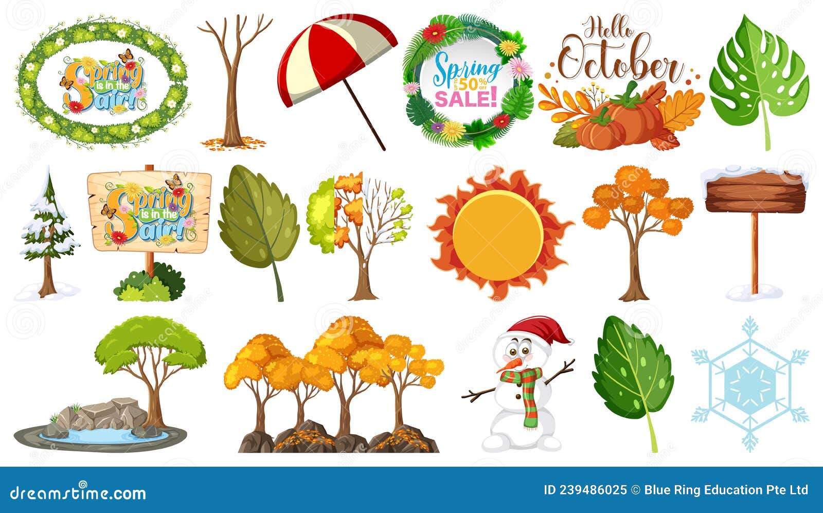 Set of Four Seasons Trees and Nature Objects Stock Vector ...