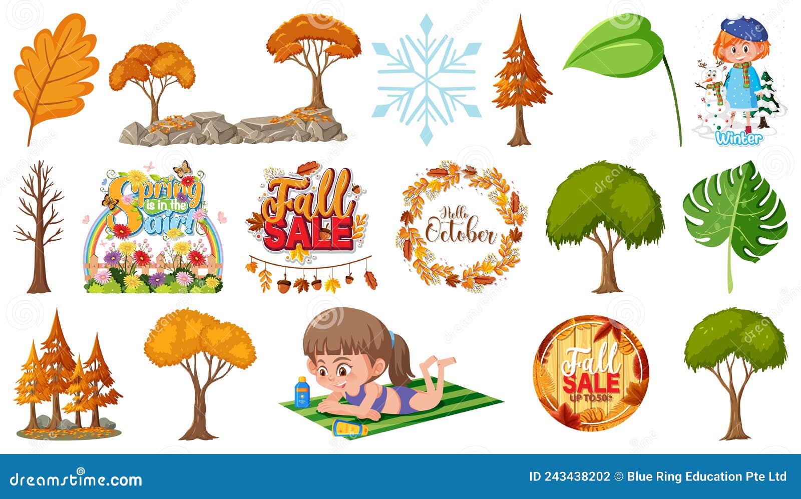 Set of Four Seasons Trees and Nature Objects Stock Vector ...