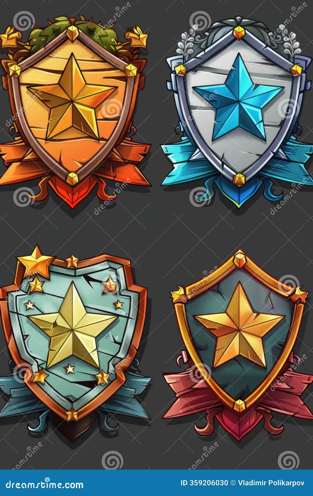 A Set of Four Shields Decorated with Stars and Ribbons, Perfect for ...