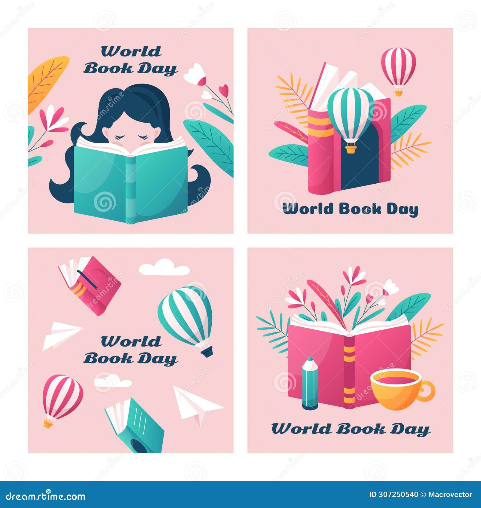 World Book Day Cartoon Card Set Stock Illustration - Illustration of ...