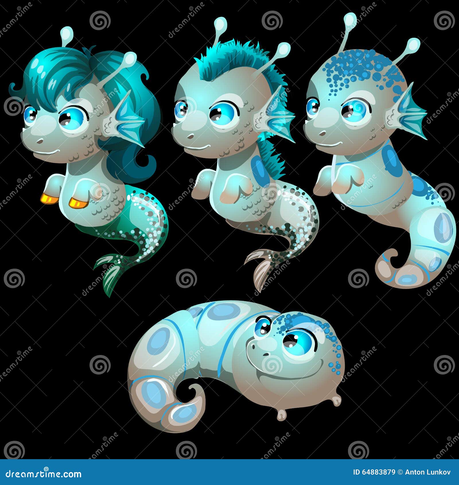 Set of Four Unusual Aliens Fish with Blue Eyes Stock Vector ...
