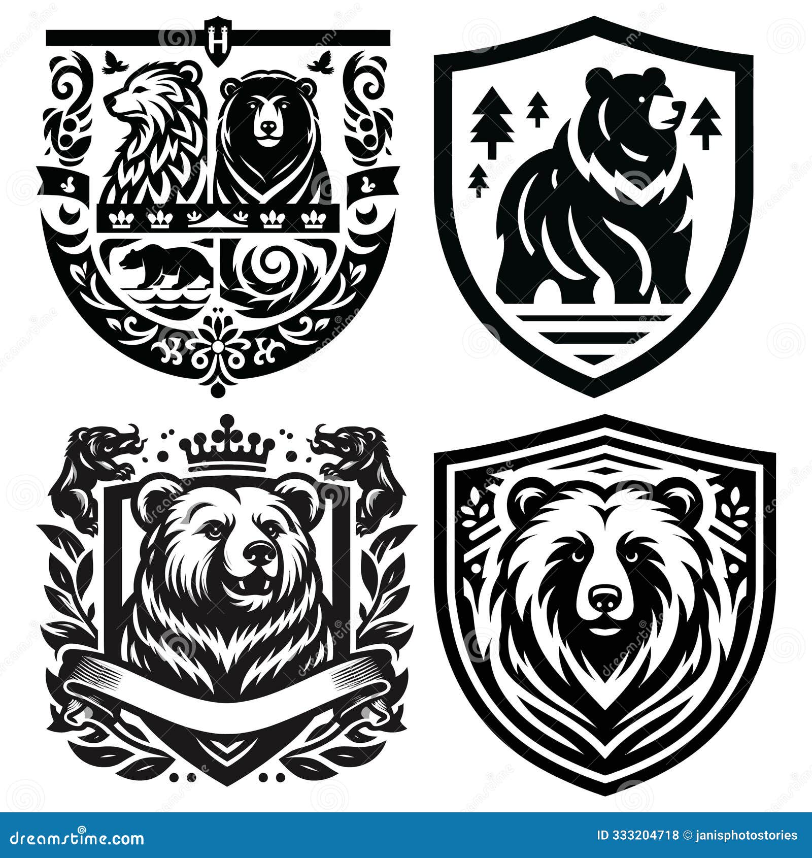 Set Of Four Vector Bear Crests, Black And White, Detailed Heraldic ...