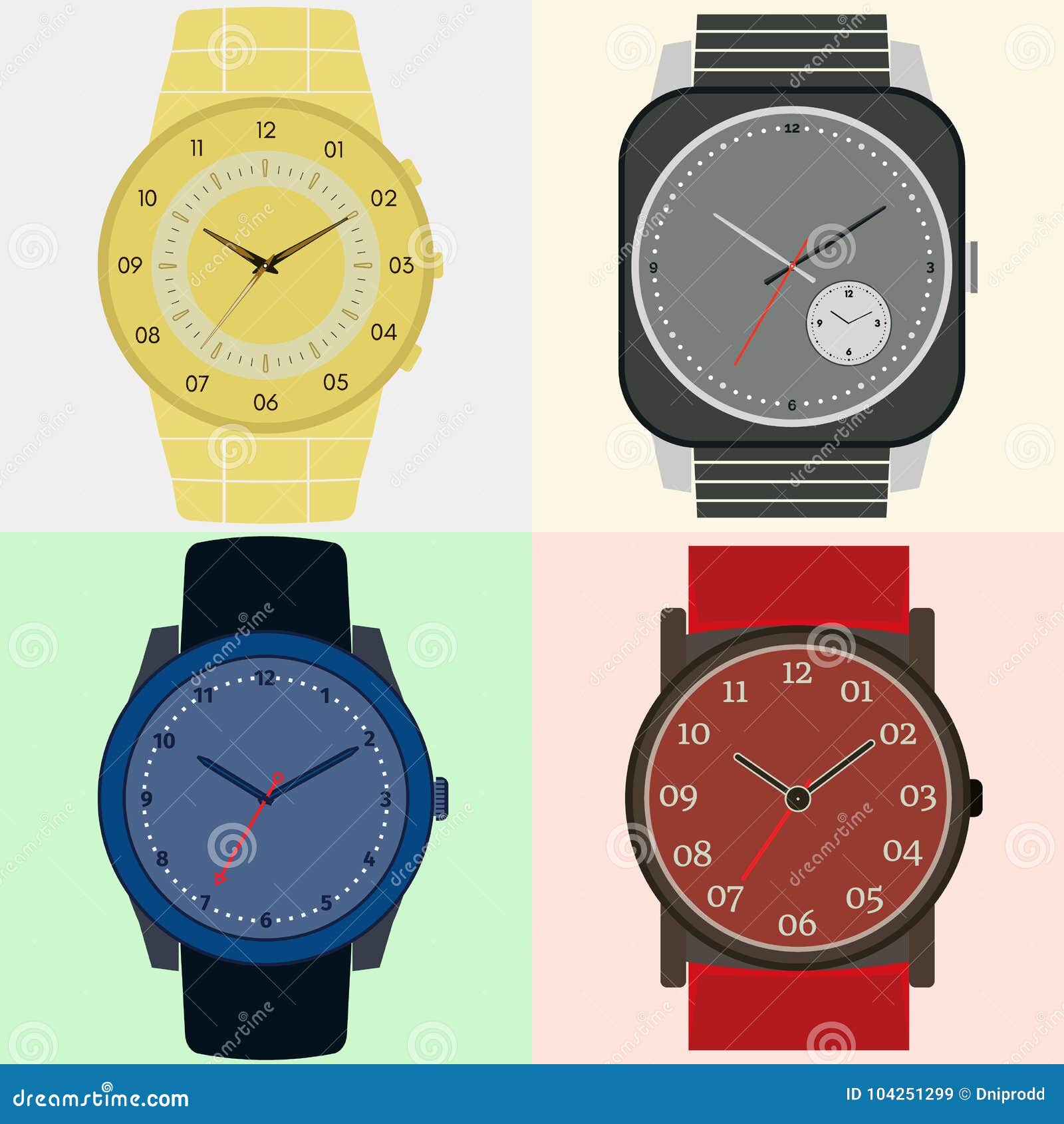 Set of Four Watches. Clock Face with Hour, Minute and Second Hands ...