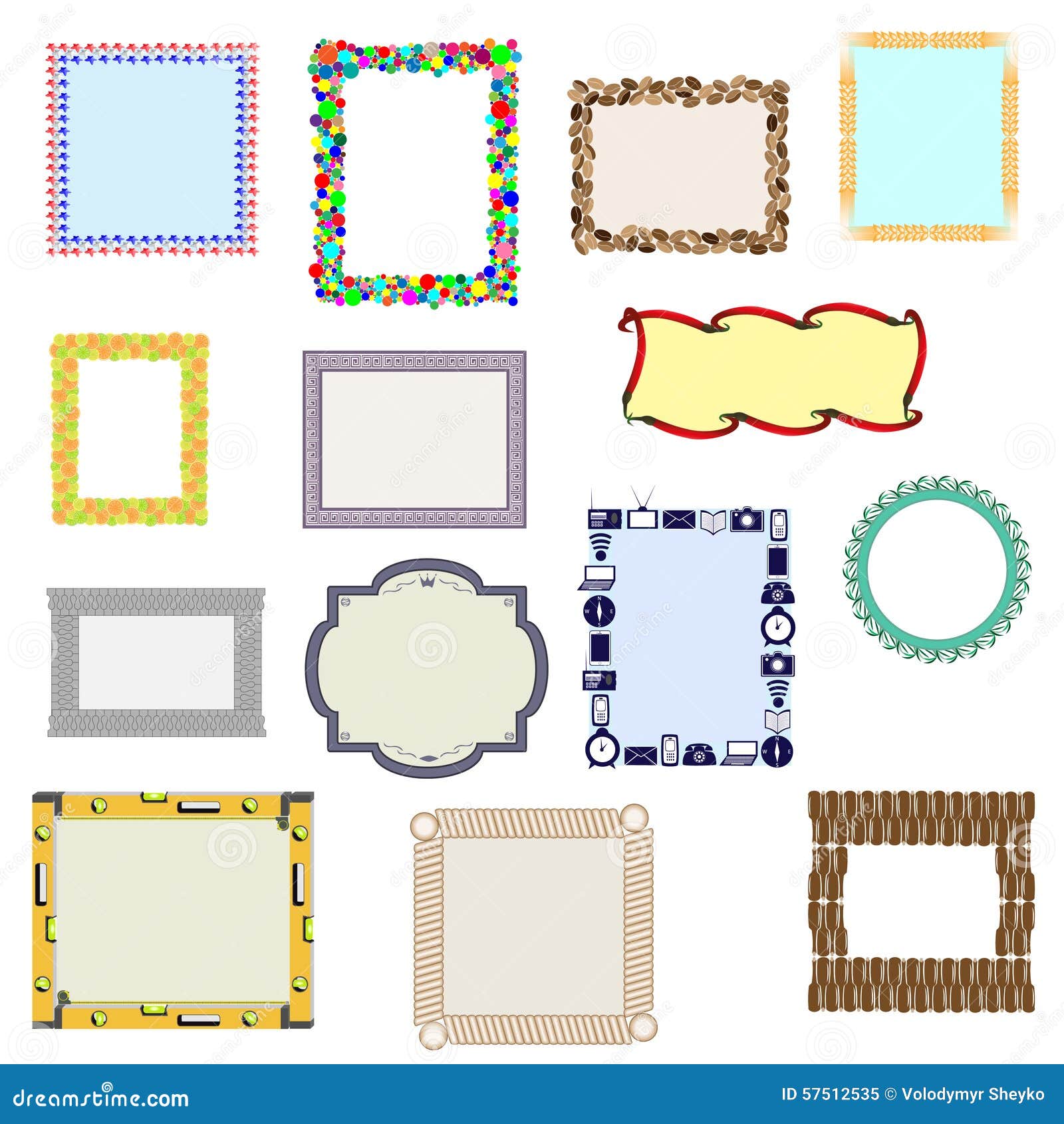 A Set of Fourteen Frames Made Up of Different Elements. Stock Vector ...