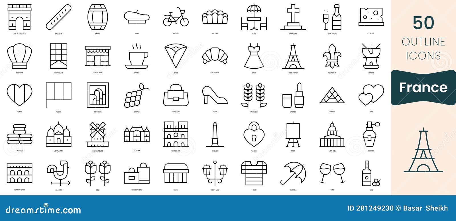 Set of France Icons. Thin Linear Style Icons Pack Stock Vector ...