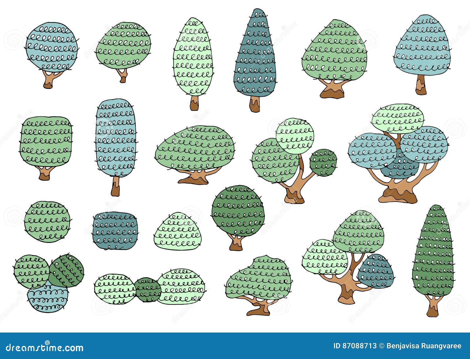 Set of Free Hand Drawn Trees Cartoon Character, Vector Illustration ...