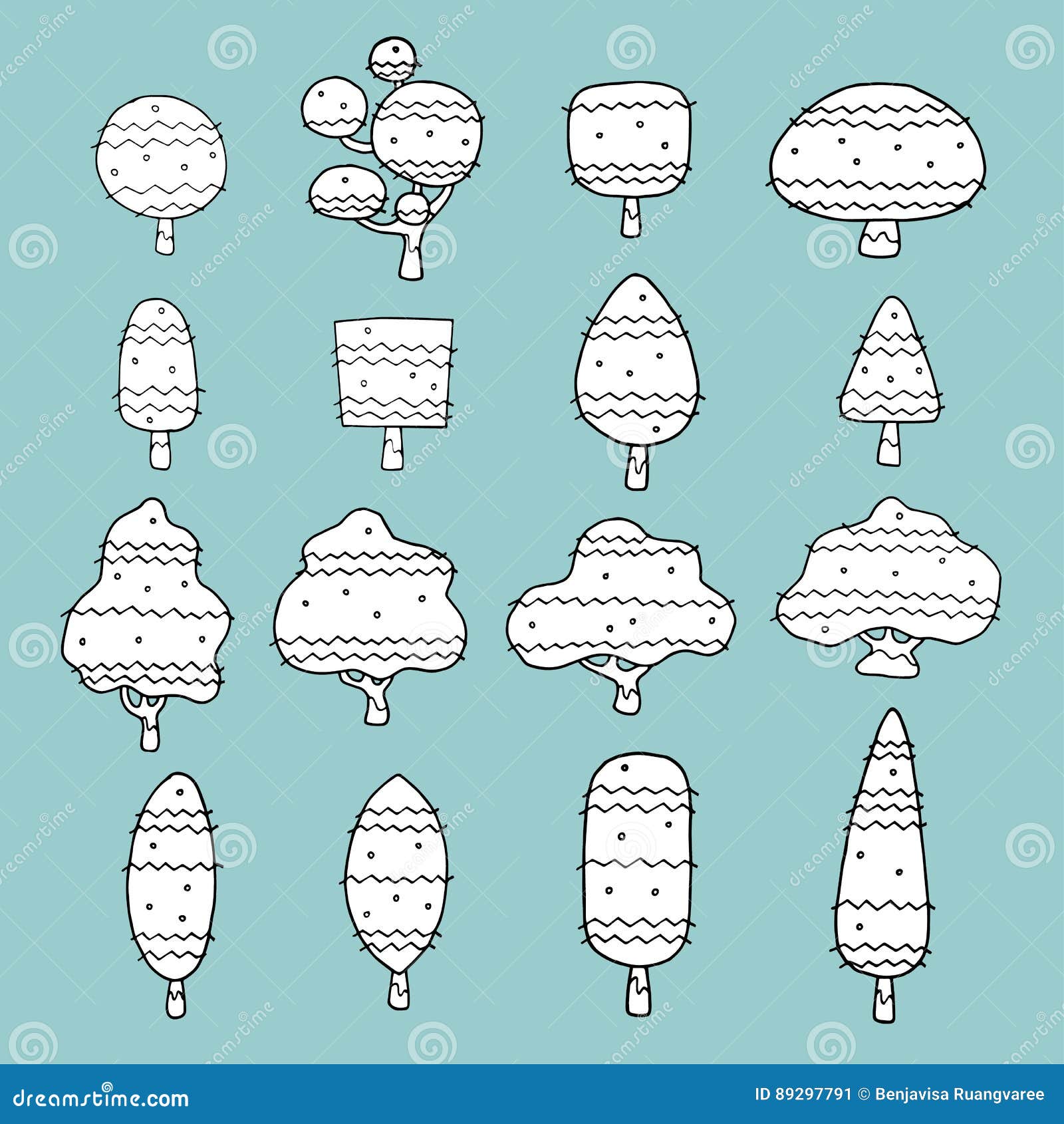 Set of Free Hand Drawn Trees Cartoon Character, Vector Illustration ...