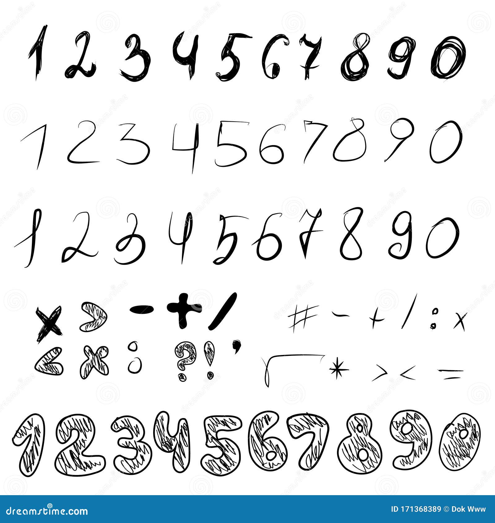 Set of Freehand Drawn Numbers and Math Signs. Black Doodle Style Stock ...