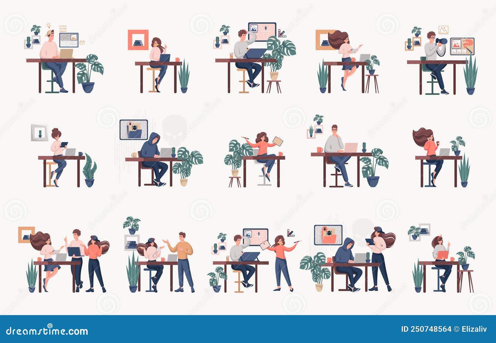 Set of Freelance People Working Remotely. a Collection of Men and Women ...