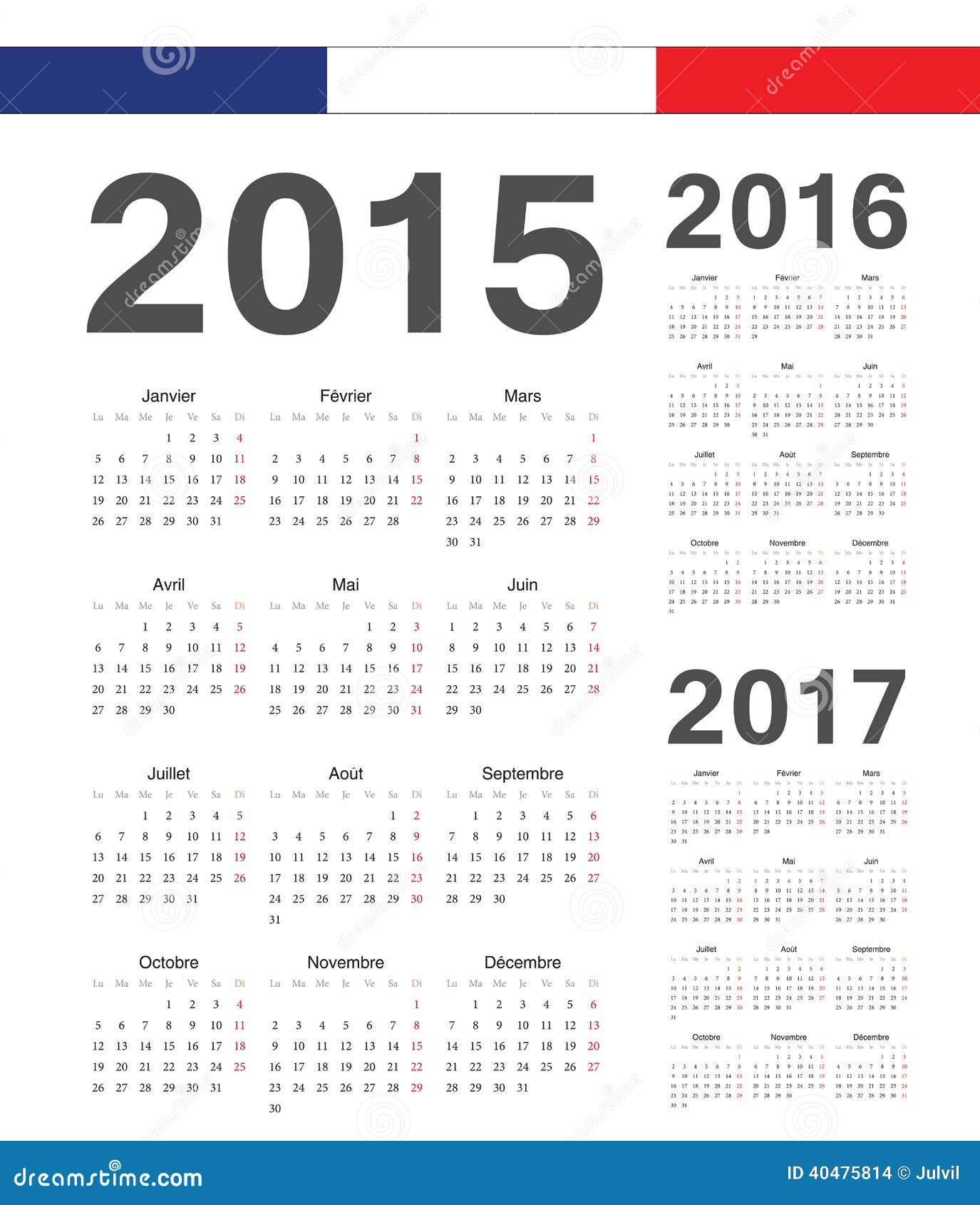 Set Of French 2015, 2016, 2017 Color Vector Calendars | CartoonDealer ...
