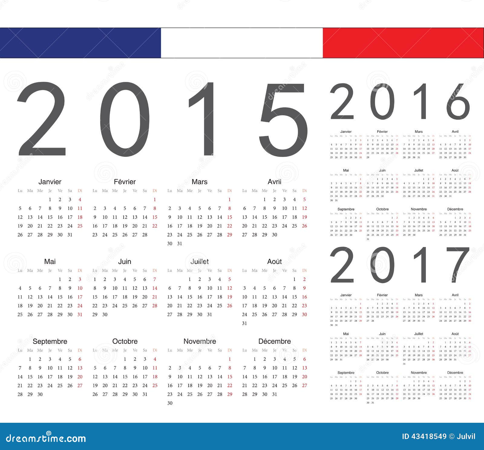 Set Of French 2015, 2016, 2017 Year Vector Calendars | CartoonDealer ...