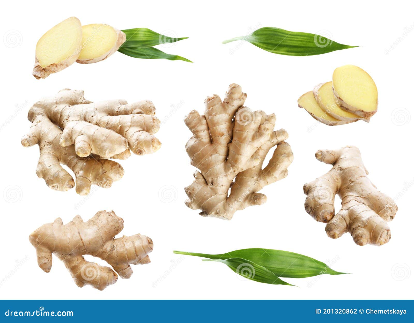 Set of Fresh Aromatic Ginger with Green Leaves on White Background ...